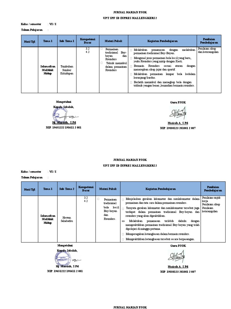 Jurnal Harian Kelas 6 | PDF