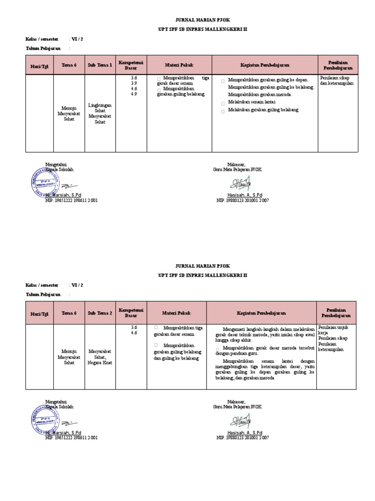 JURNAL HARIAN 2 E-Pjok - KELAS 6 Sem2 | PDF