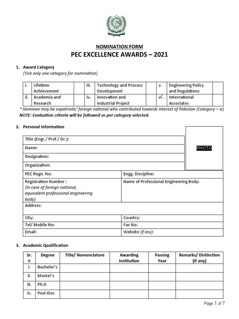 NOMINATION FORM - PEC - Excellence - Awards | PDF | Innovation