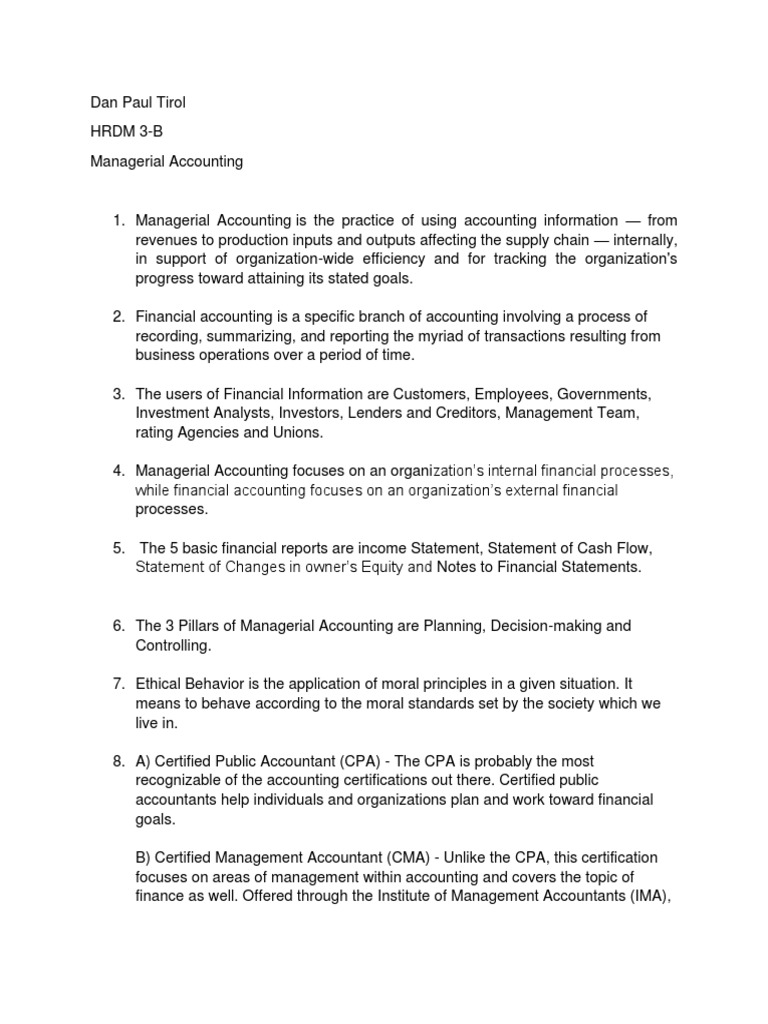 Managerial Accounting Assignment - TIROL PDF | PDF