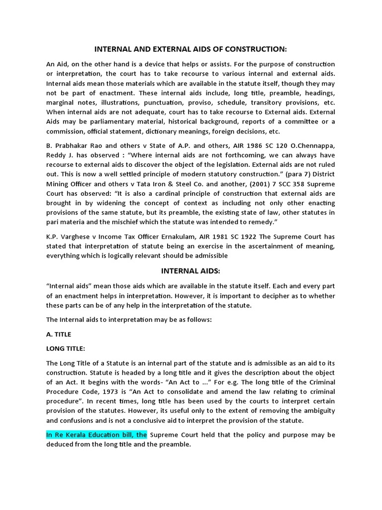 Internal and External Aids to Statutory Interpretation | PDF ...