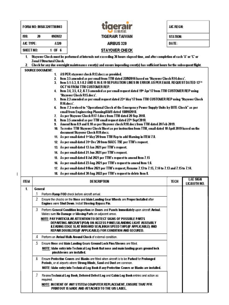 A320 Stayover Check Procedures Guide | PDF | Landing Gear | Tire