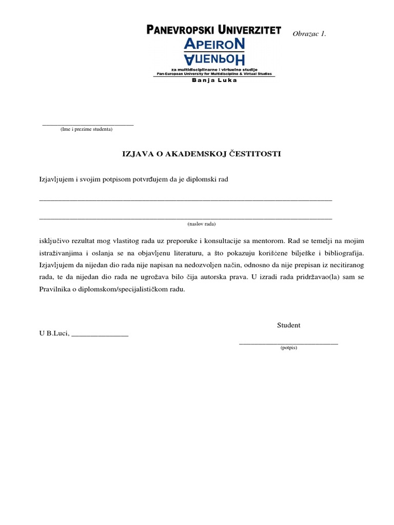 OBRAZAC 1 Izjava o Akademskoj Čestitosti | PDF