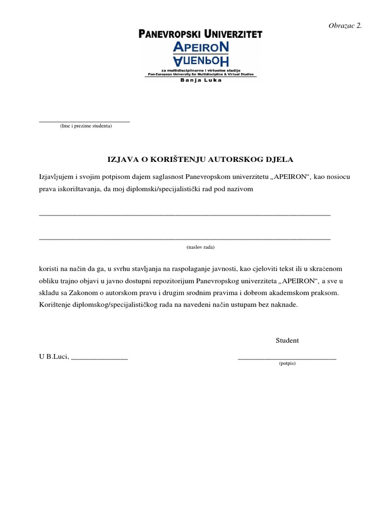Obrazac 2 Izjava o Korištenju Autorskog Djela | PDF