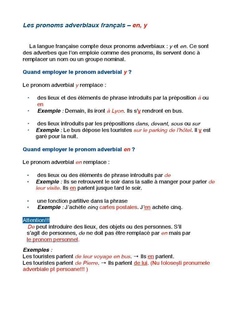 Pronoms adverbiaux : y et en en français | PDF