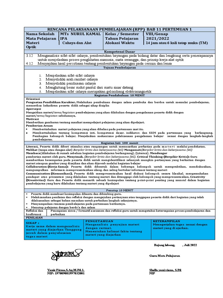 10. RPP 11 Cahaya dan Alat Optik | PDF