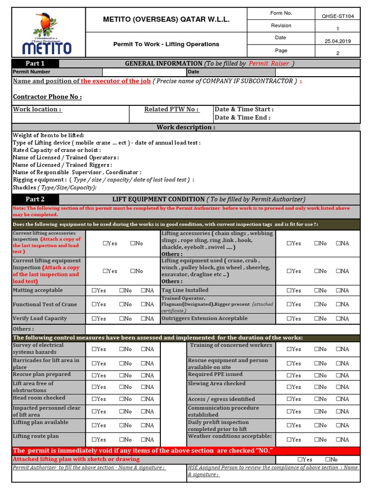 QHSE-ST104 R1 - Permit To Work - Lifting Operations | PDF