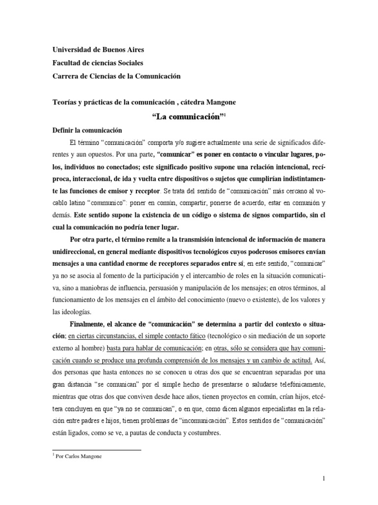 2 Carlos Mangone La Comunicaci N PDF | PDF | Comunicación | Comunicación no verbal