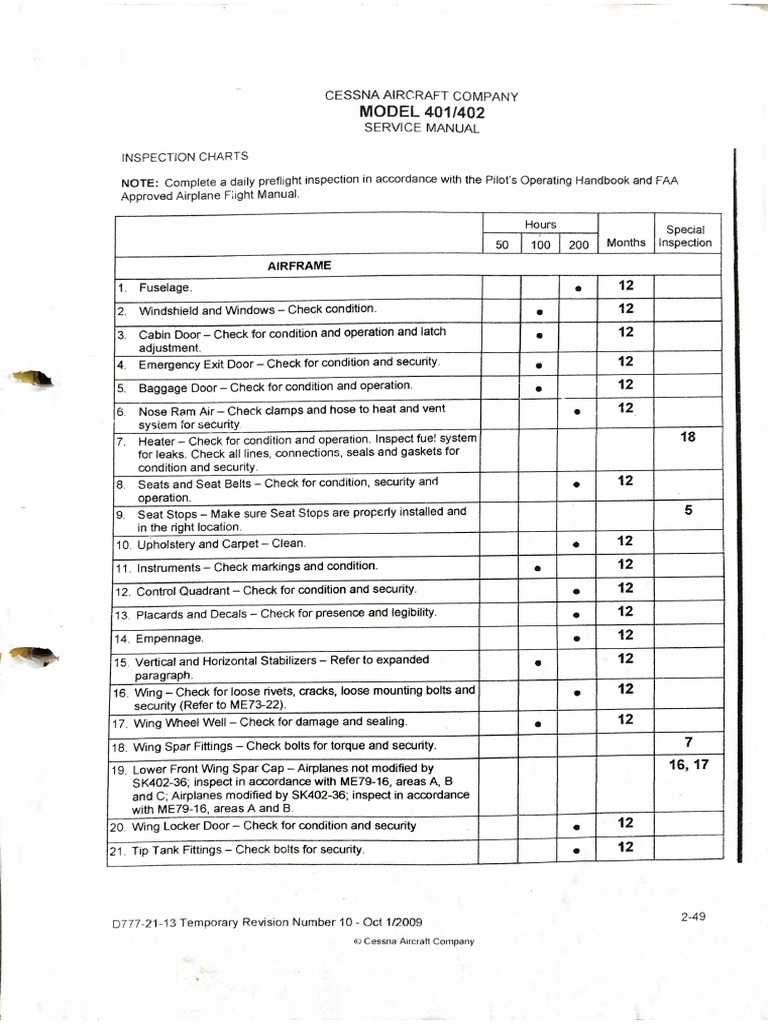 Inspection Charts Cessna 401 - 402 Service Manual | PDF