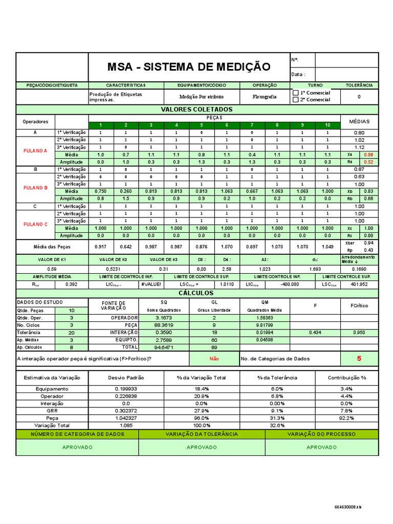 FORMULÁRIO DE MEDIÇÃO DINENSIONAL MSA | PDF