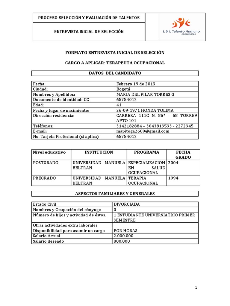 Formato Entrevista Inicial - Terapeuta Ocupacional Maria Del Pilar ...