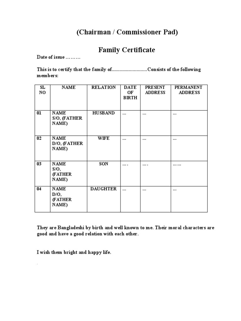 Family Relationship Certificate Format BD | PDF