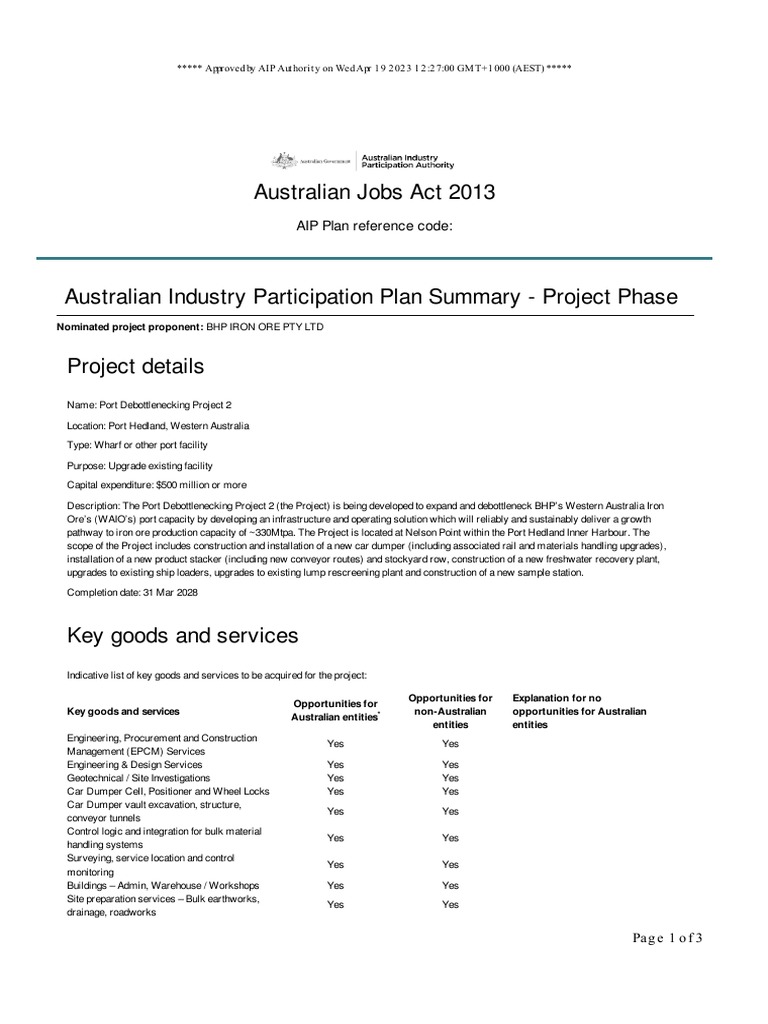 BHP Port Debottlenecking 2 Aip Plan Summary | PDF | Procurement ...
