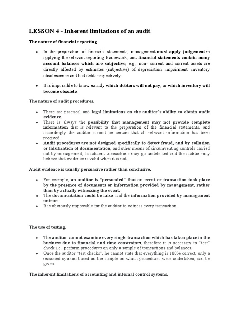 LESSON 4 Inherent Limitations of Audit | PDF | Audit | Financial Statement