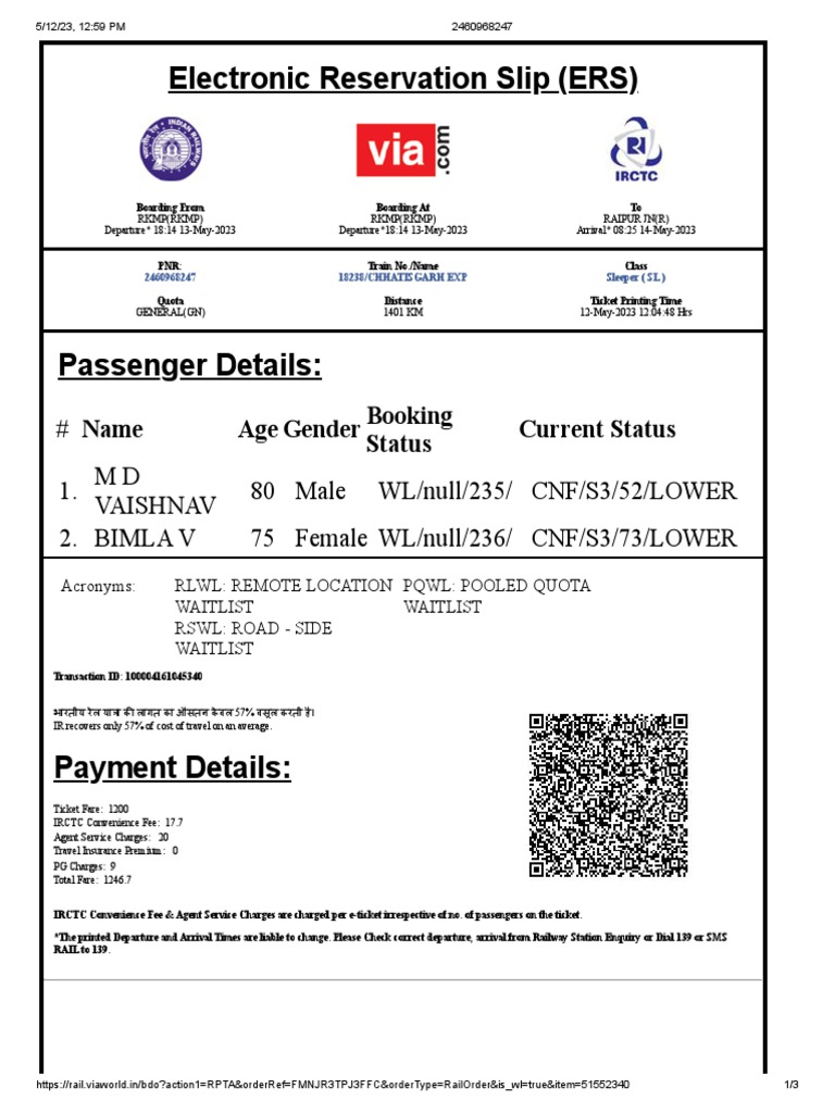 Electronic Reservation Slip (ERS) : # Name Age Gender Booking Status Current Status | PDF ...