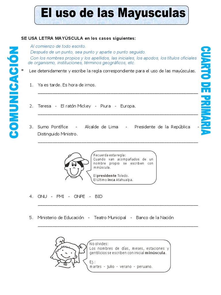 Ficha Uso de Las Mayusculas Ejercicios para Cuarto de Primaria | PDF