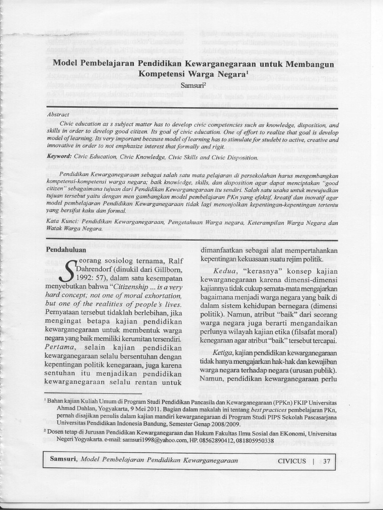 Model Pembelajaran PKN Untuk Membangun Kompetensi Warga Negara PDF | PDF