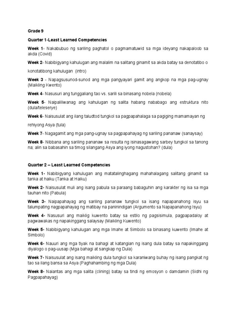 Grade-9-MELCS-Least-Learned 1st and 2nd | PDF