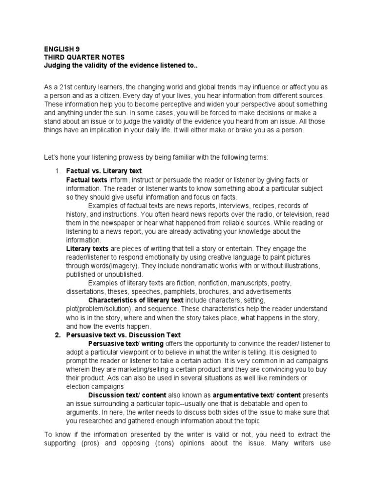 Grade 9 English Module: 3rd Quarter Insights | PDF | Evidence | Truth