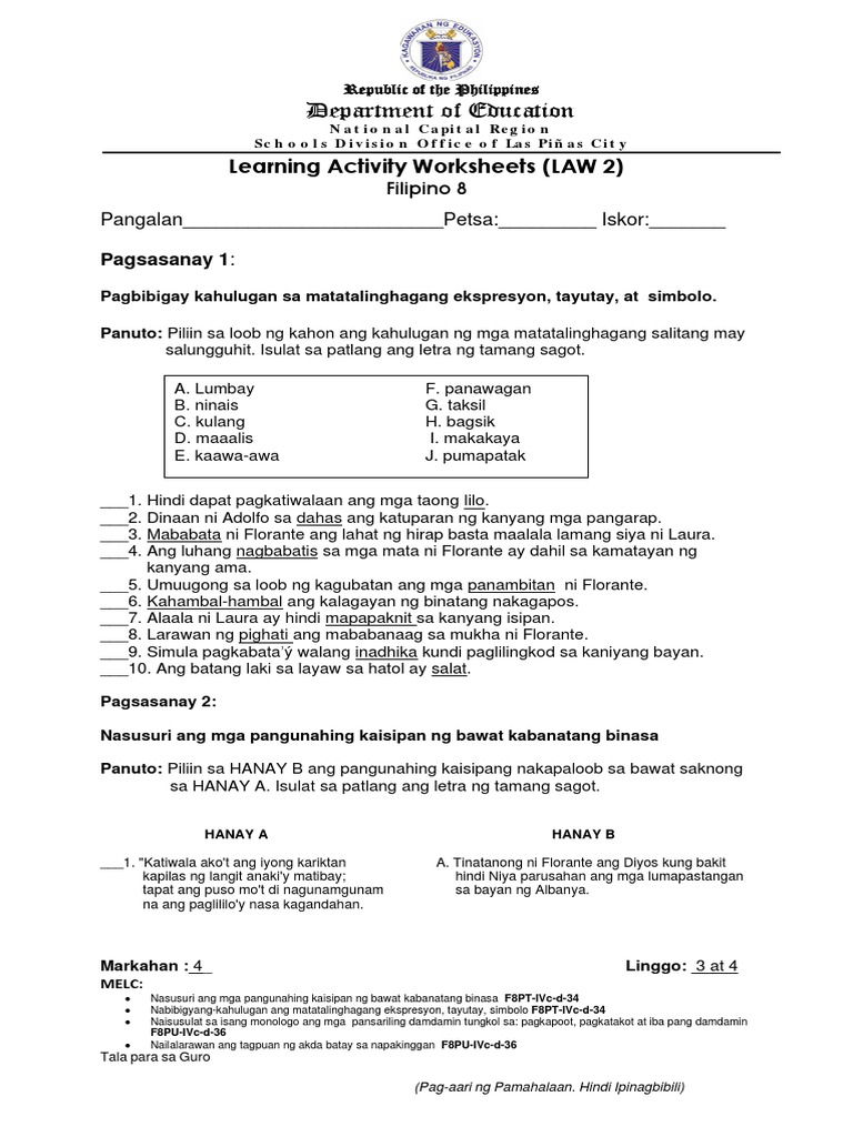 Quarter 4 Filipino 8 LAW 2 SY 2021 2022 | PDF