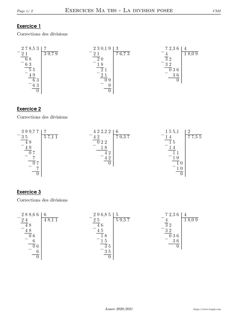 Division Posee cm2 Nombres Decimaux Par Entier 6 Correction 2 PDF | PDF