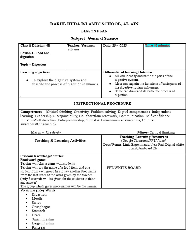 Digestive System Lesson Plan for Grade 4 | PDF | Digestion | Human ...