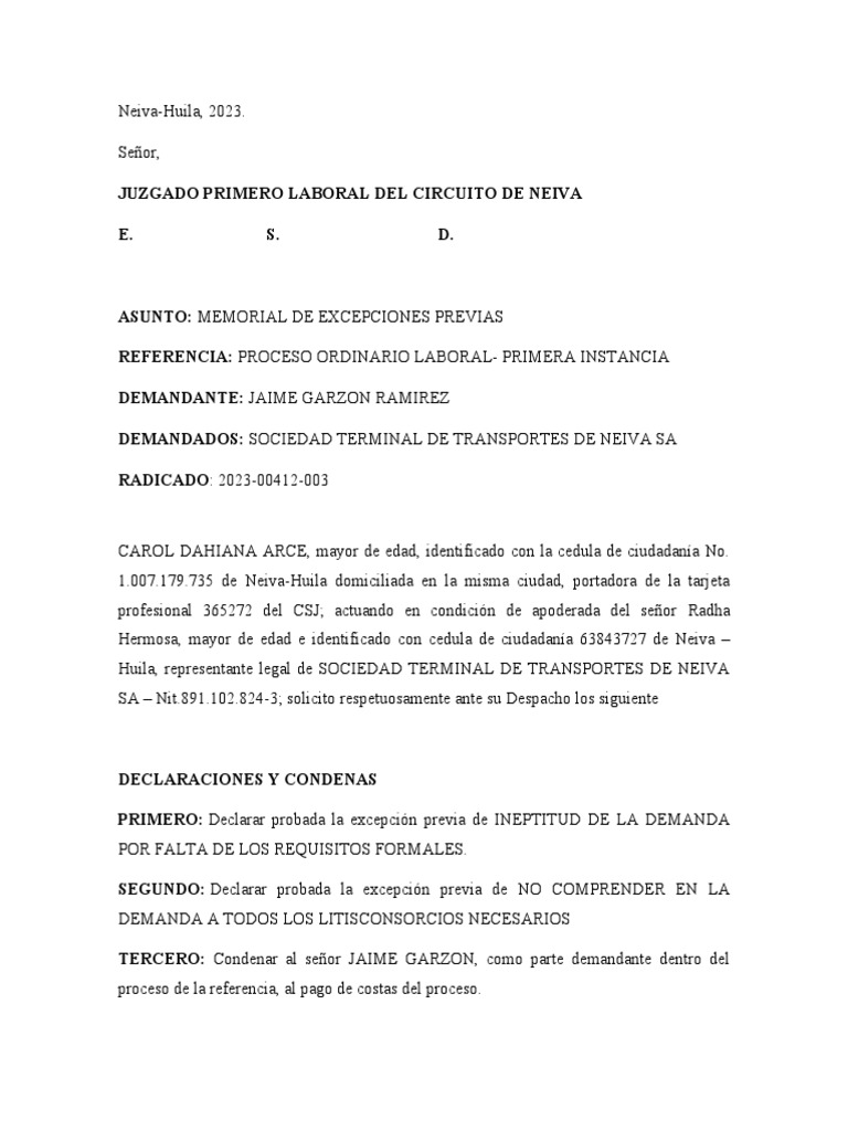 MEMORIAL DE EXCEPCIONES PREVIAS CONSULTORIO J.docx | PDF | Demanda ...