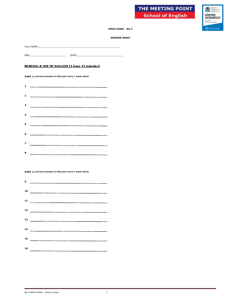 B2.2 Mock Exam Reading Answer Sheet | PDF