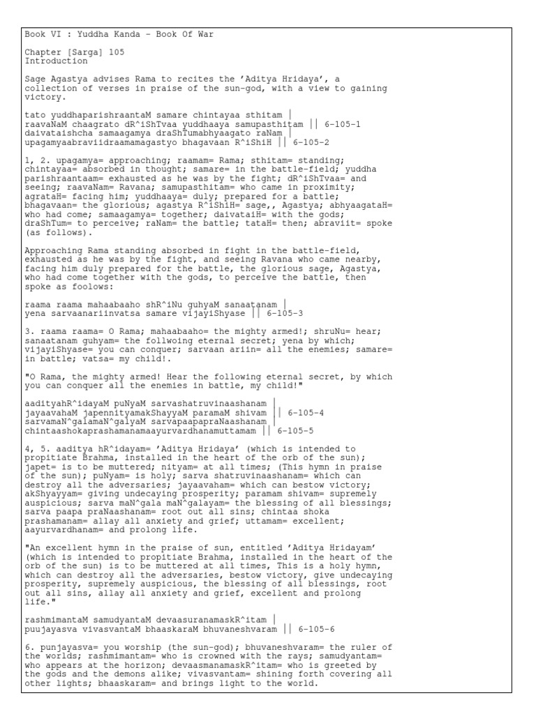 Aditya Hrdayam of The Valmiki Ramayana | PDF | Ramayana | Rama