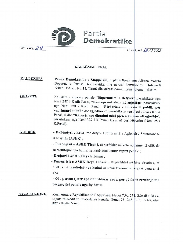 Kallezim Penal Dallendyshe Bici NR 211 Prot | PDF