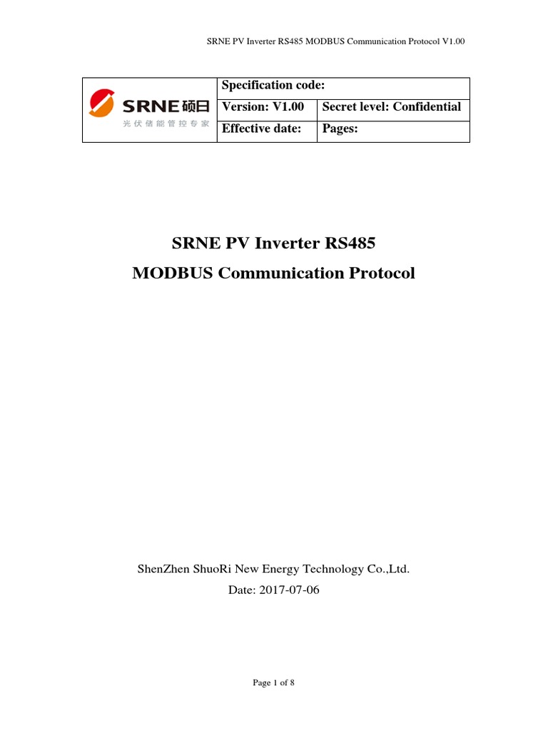 Specification of the RS485 MODBUS Communication Protocol for SRNE PV ...