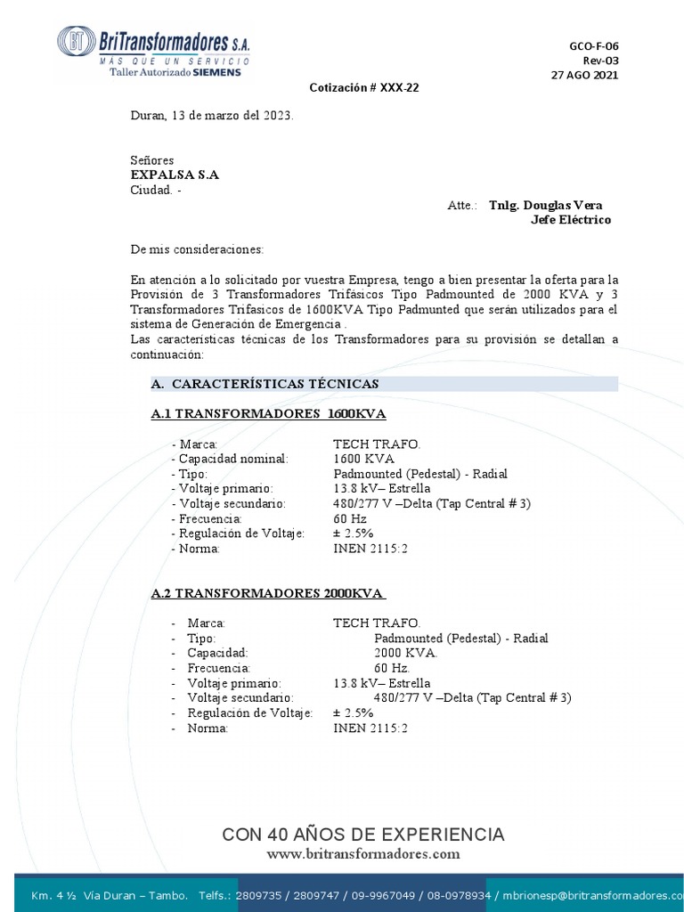 Expalsa 13-03-23# de 1600 y 2000 Kva) | PDF | Transformador ...