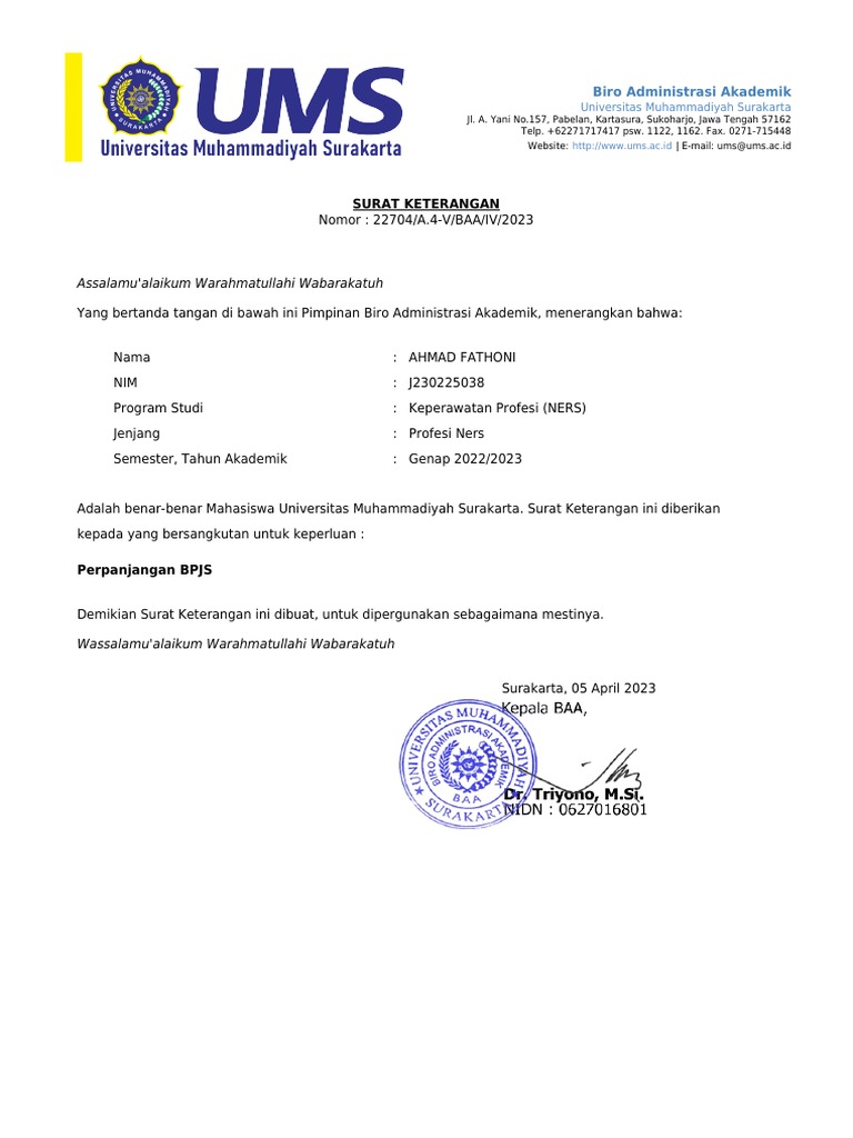 Surat Keterangan Mahasiswa UMS | PDF