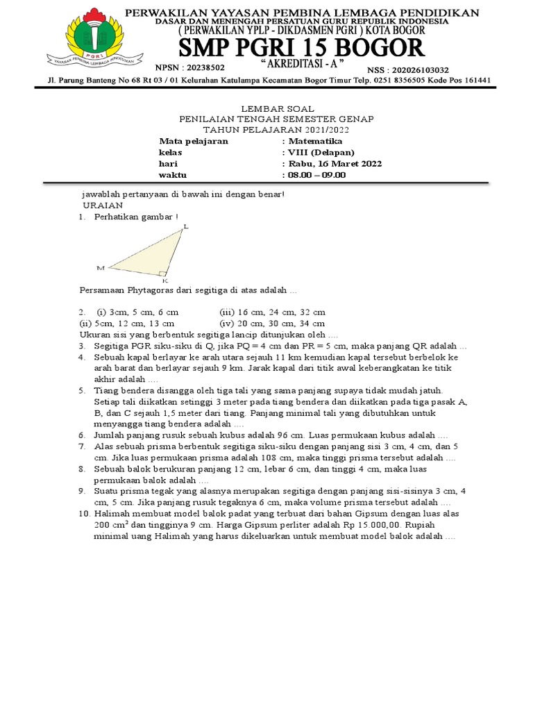 Soal PTS Genap MTK Kelas 8 | PDF