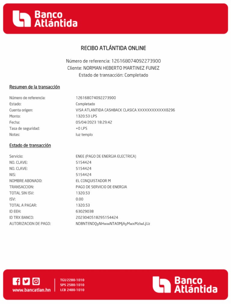 Recibo ENEE (PAGO DE ENERGIA ELECTRICA) PDF | PDF