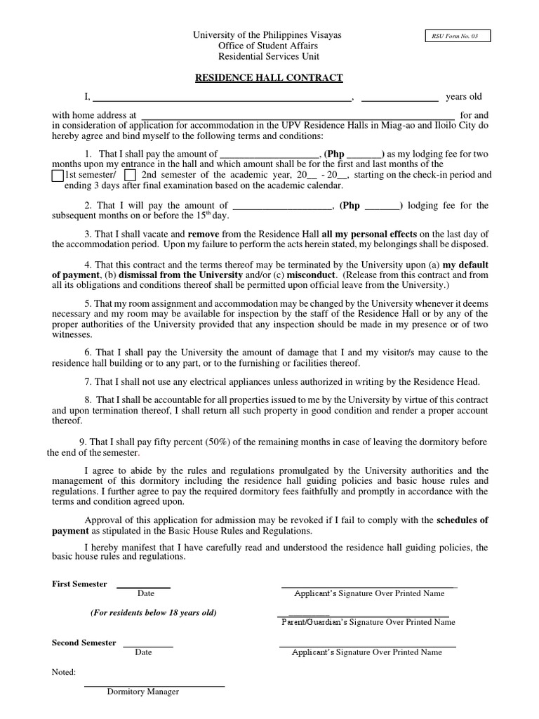 UPV Residence Hall Contract Agreement | PDF | Dormitory | Justice