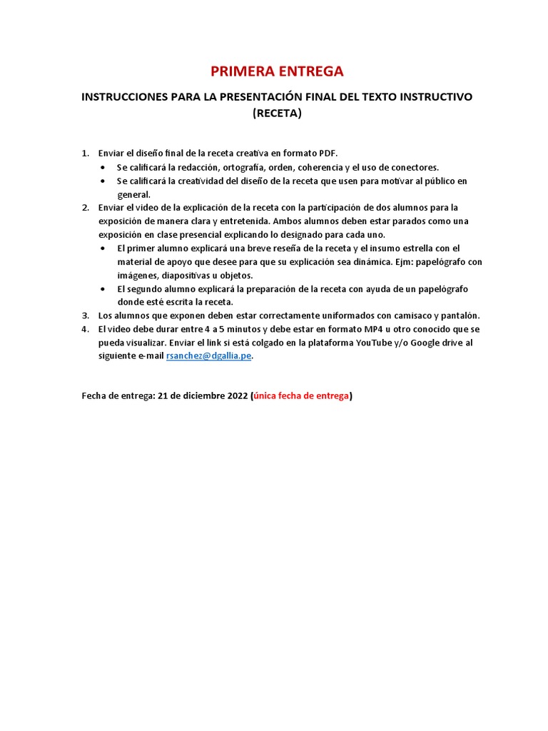 Instrucciones para La Presentación Final Del Texto Instructivo (Receta) | PDF
