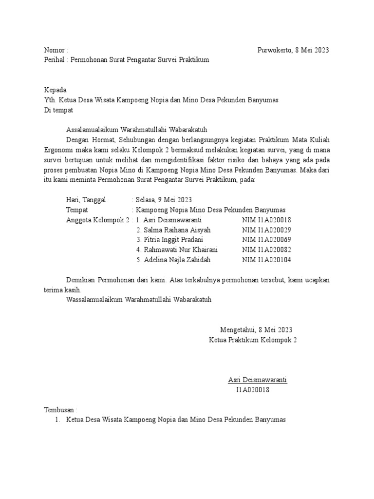 Permohonan Surat Survei Praktikum Ergonomi | PDF