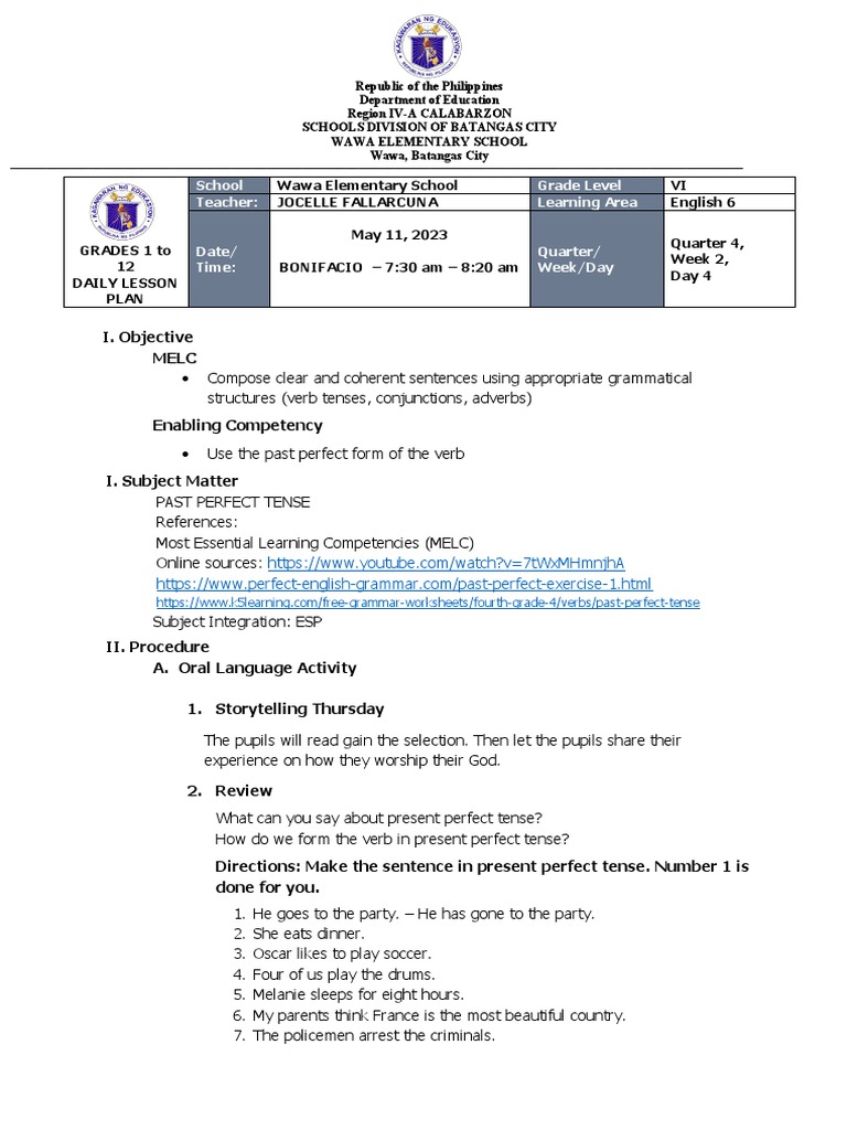 Quarter 4 Week 2 Day 4 Past Perfect Tense | PDF | Verb | Grammatical Tense