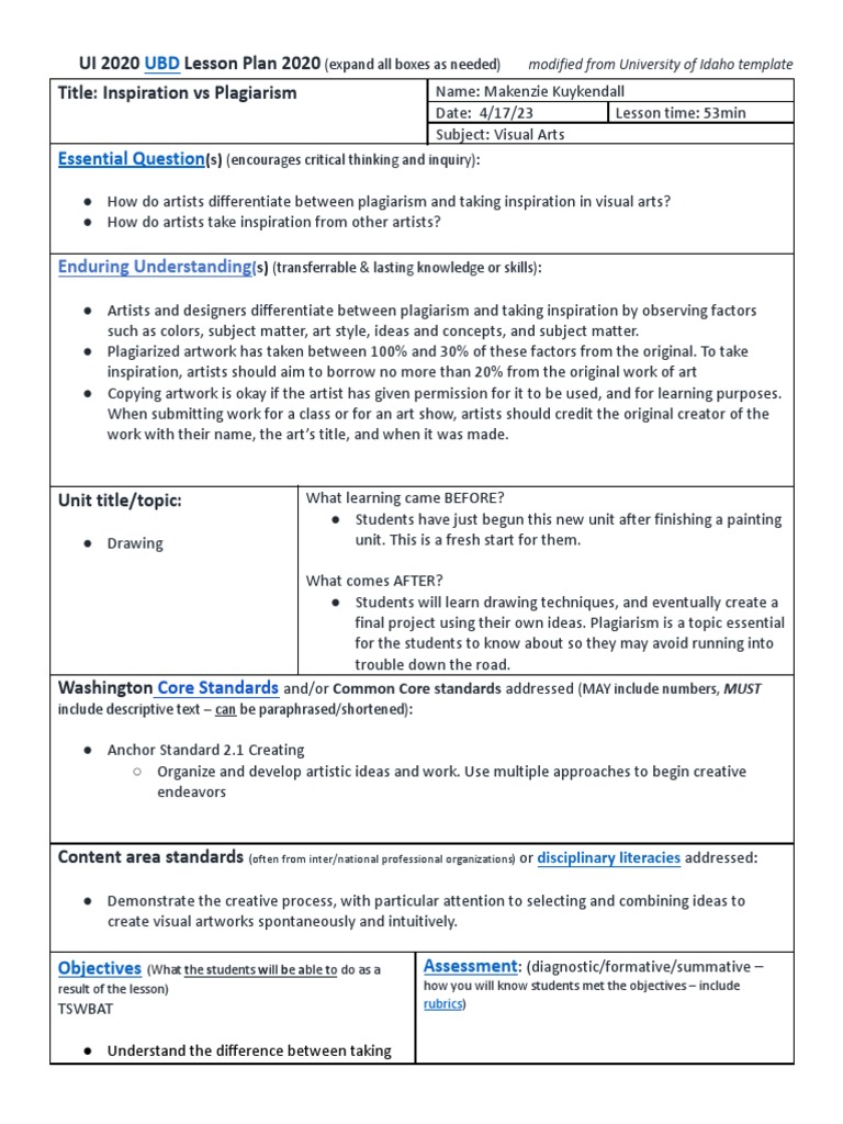 Inspiration Vs Plagiarism High School Lesson Plan | PDF | Career ...