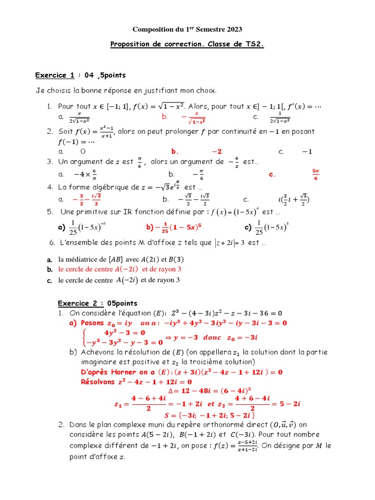 Proposition de Correction TS2 PDF | PDF | Nombre complexe | Mathématiques