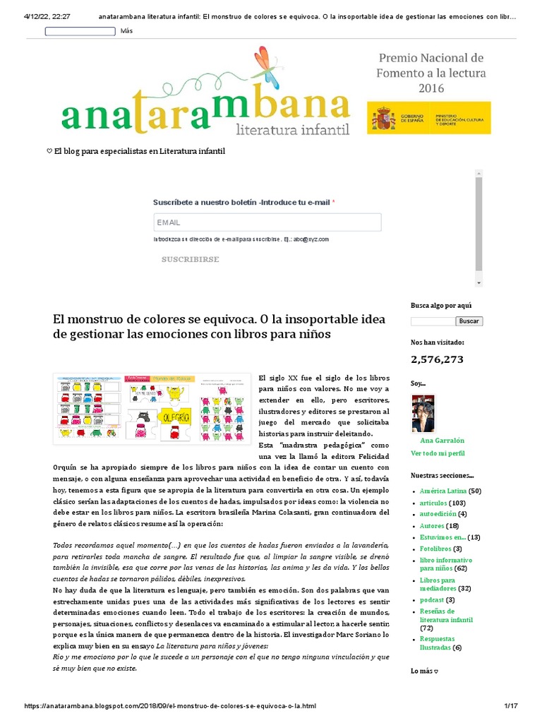 Anatarambana Literatura Infantil - El Monstruo de Colores Se Equivoca ...