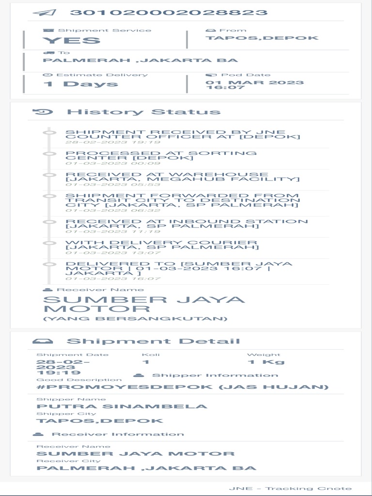 Cek Resi JNE - 301020002028823 PDF | PDF