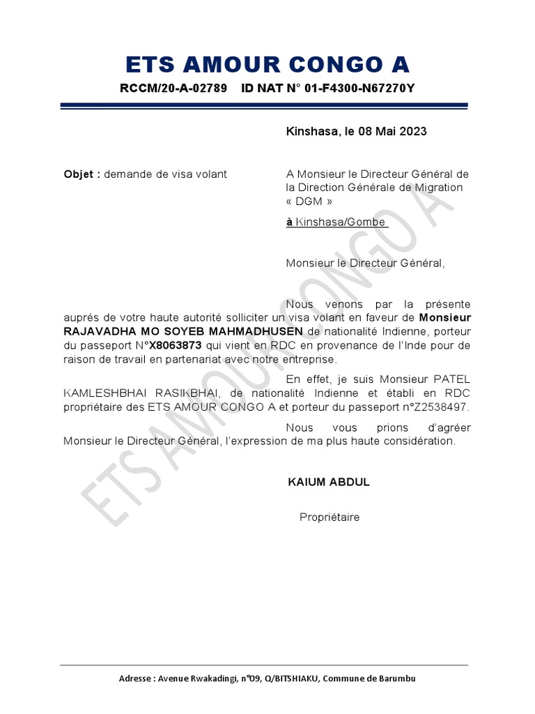 ETS AMOUR CONGO A Visa Volant | PDF