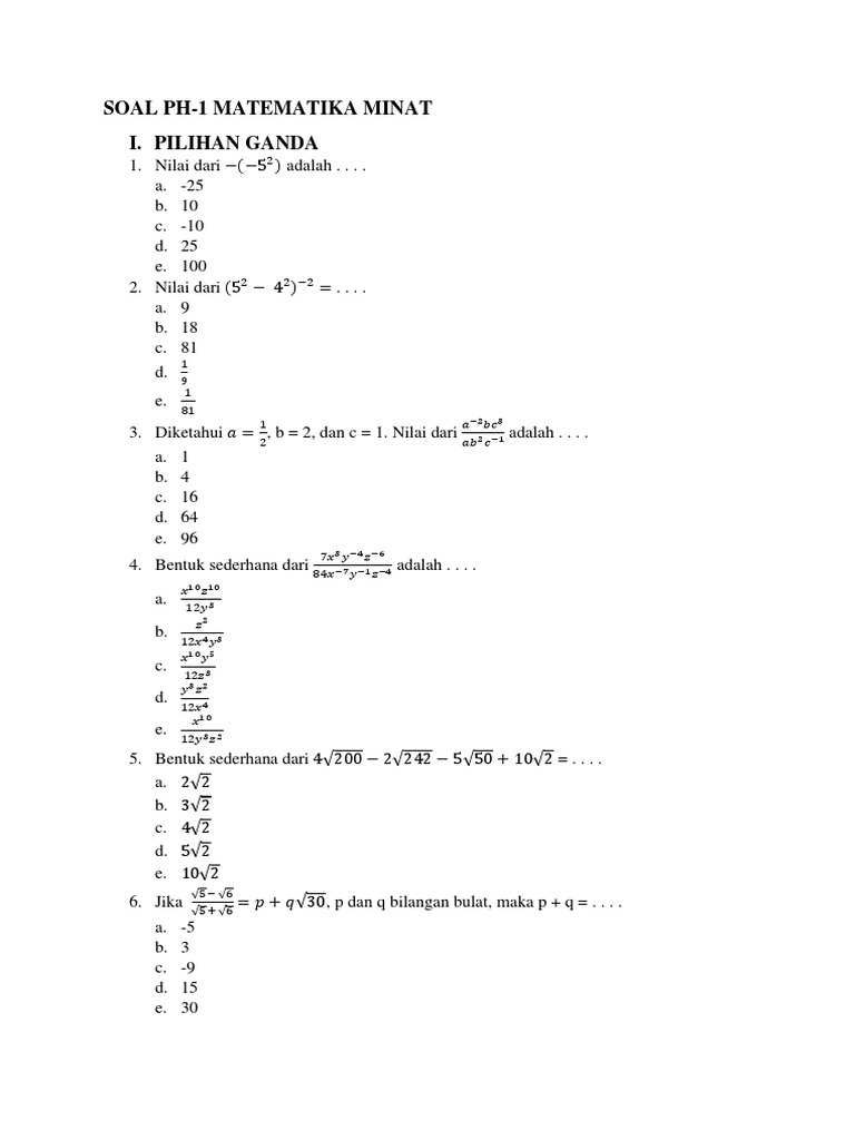 SOAL PH1 MATMIN (Eksponen & Bentuk Akar) | PDF
