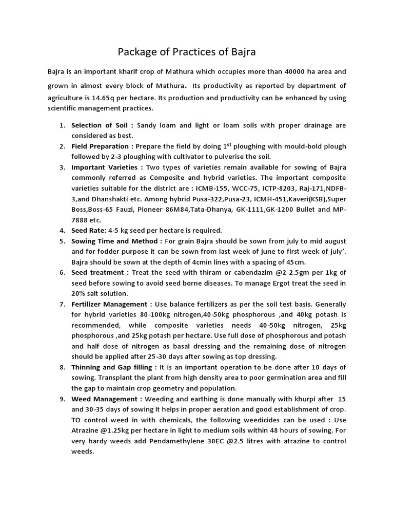 Package of Practices of Bajra | PDF | Sowing | Fertilizer