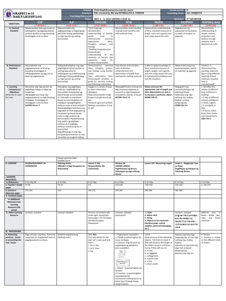 Lesson Plan G2 2ND 4TH QR | PDF | Cognitive Science | Cognition