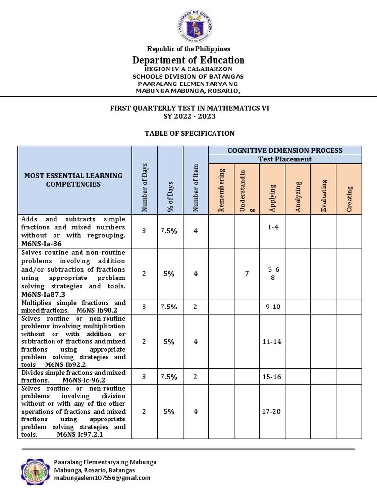 First Quarterly Test in Mathematics | PDF | Elementary Mathematics ...