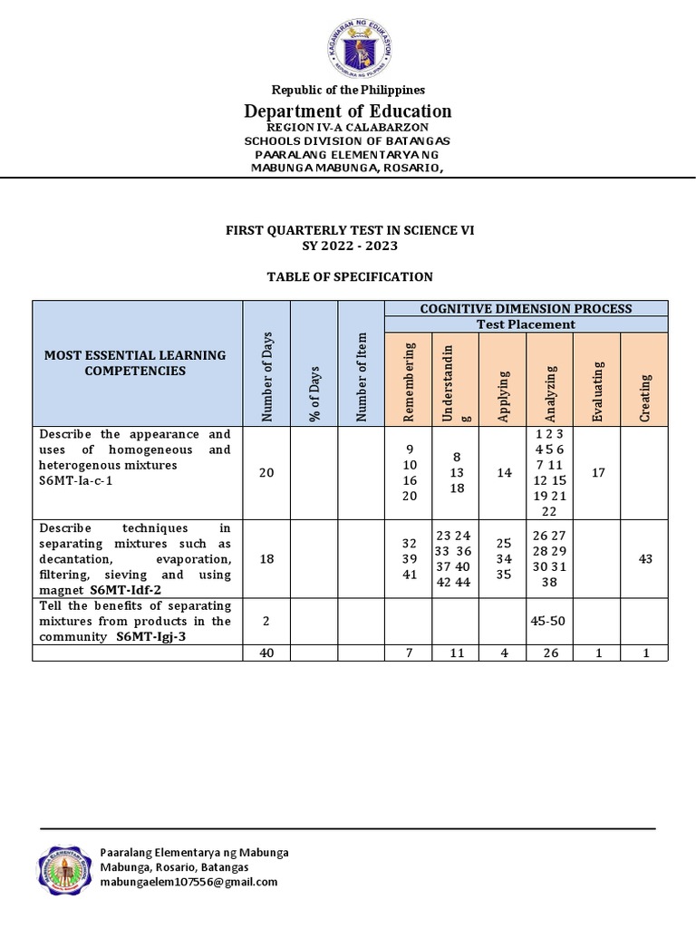 First Quarterly Test in Science | PDF | Mixture | Filtration