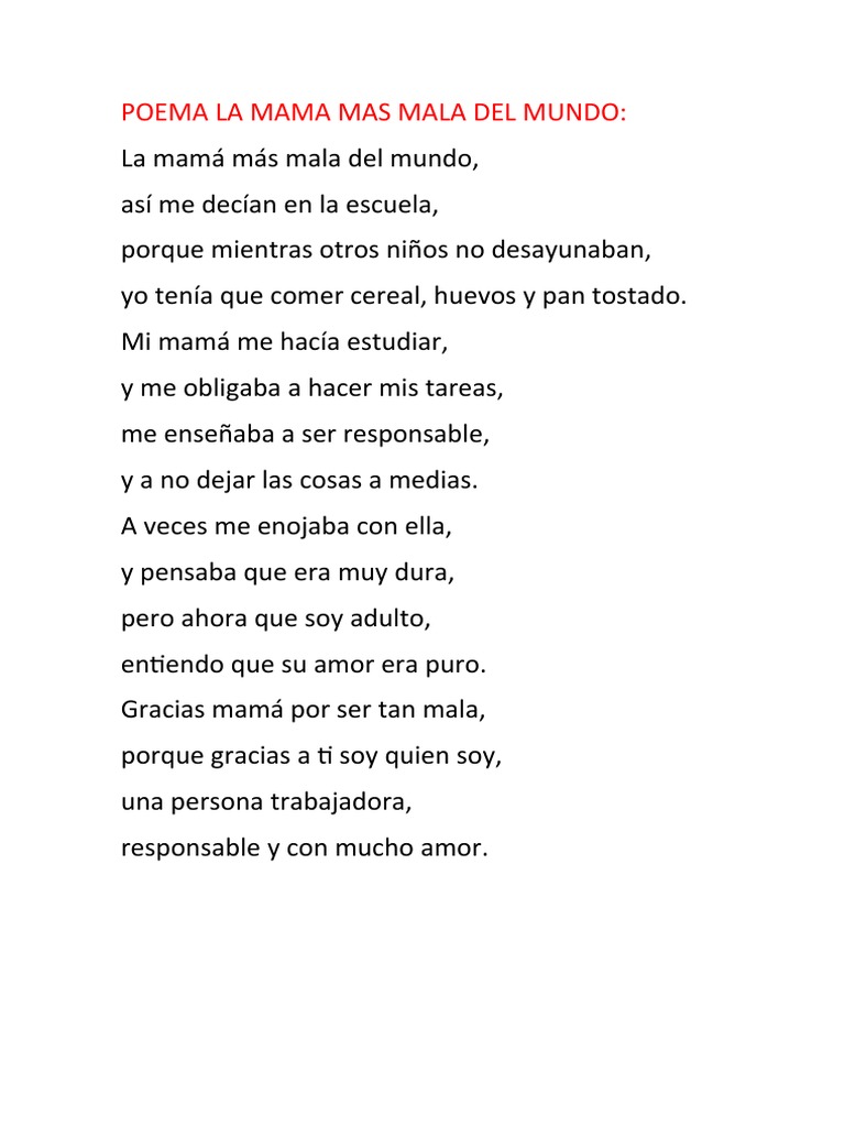 Poema La Mama Mas Mala Del Mundo | PDF